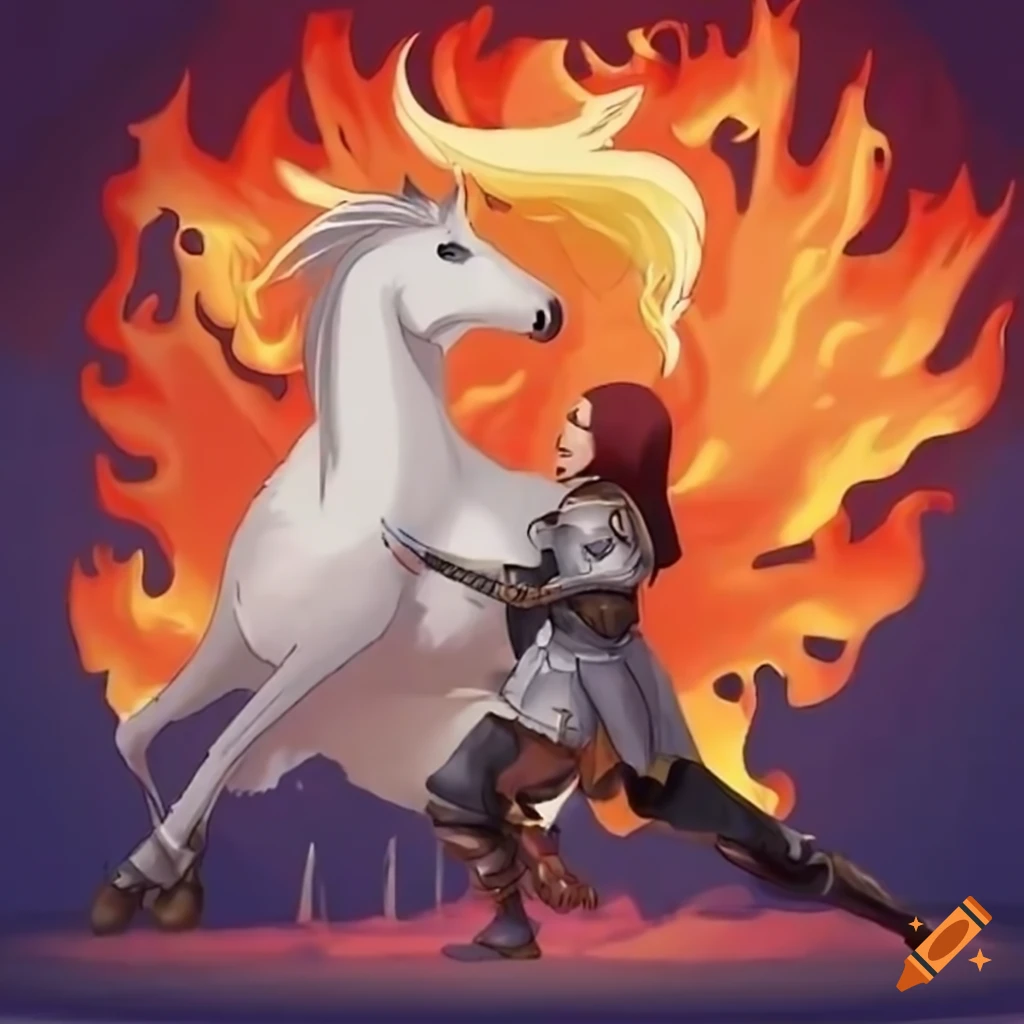 Studio ghibli style artwork of a female knight on a flaming white horse
