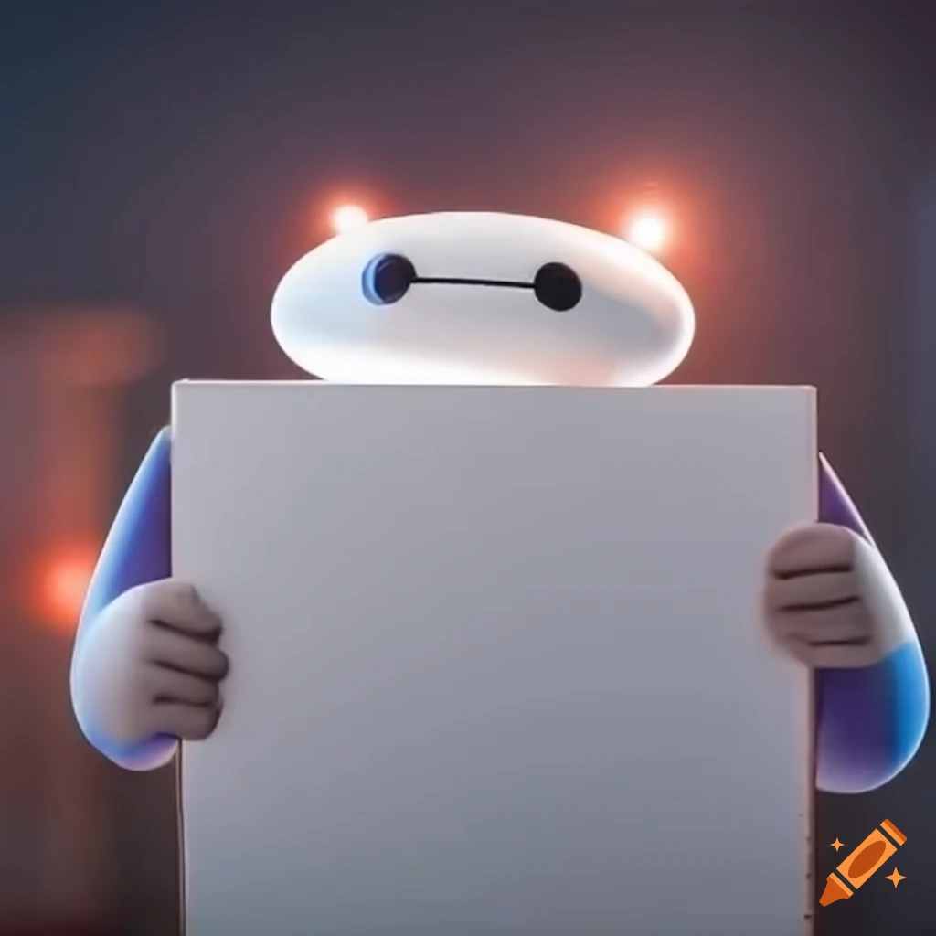 Baymax character holding a friendly signboard