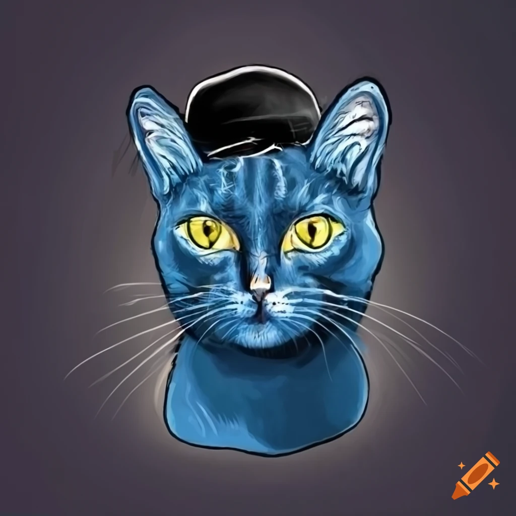 Artistic depiction of a dark blue cat with yellow eyes and a black hat