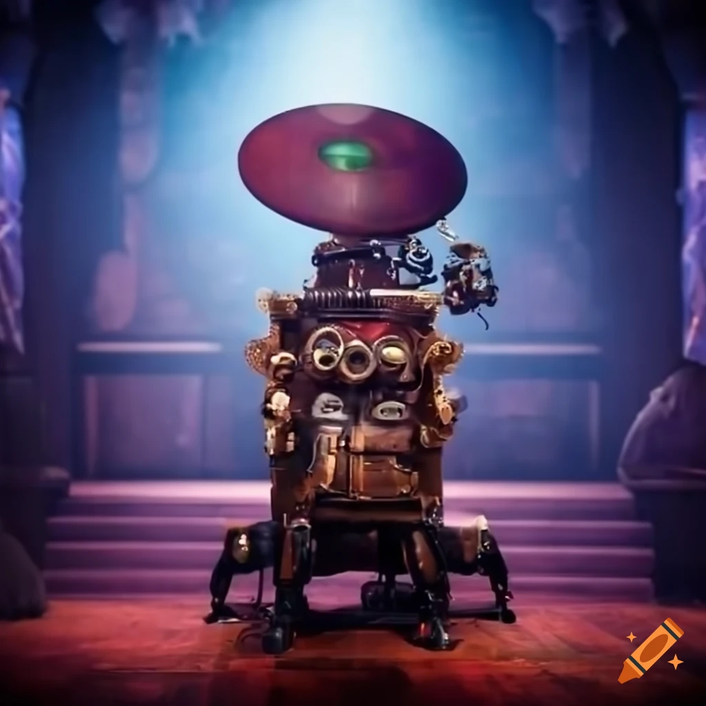 Steampunk dj robot in a vaudeville theater with a dog on Craiyon