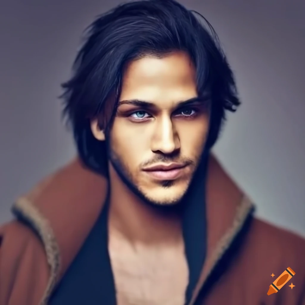 Medieval time handsome young man with black hair, in the desert on Craiyon