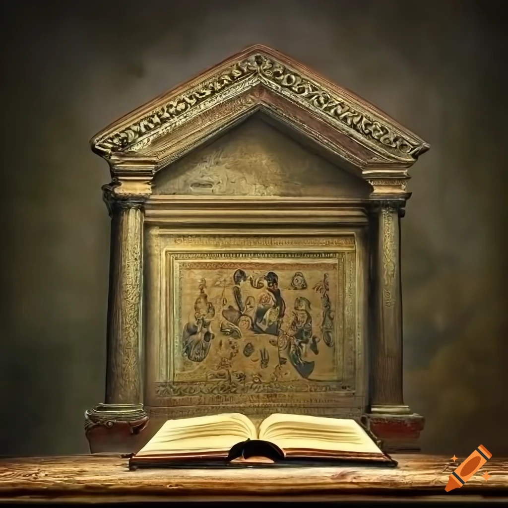 Photograph of a leather book in an Etruscan tomb on Craiyon