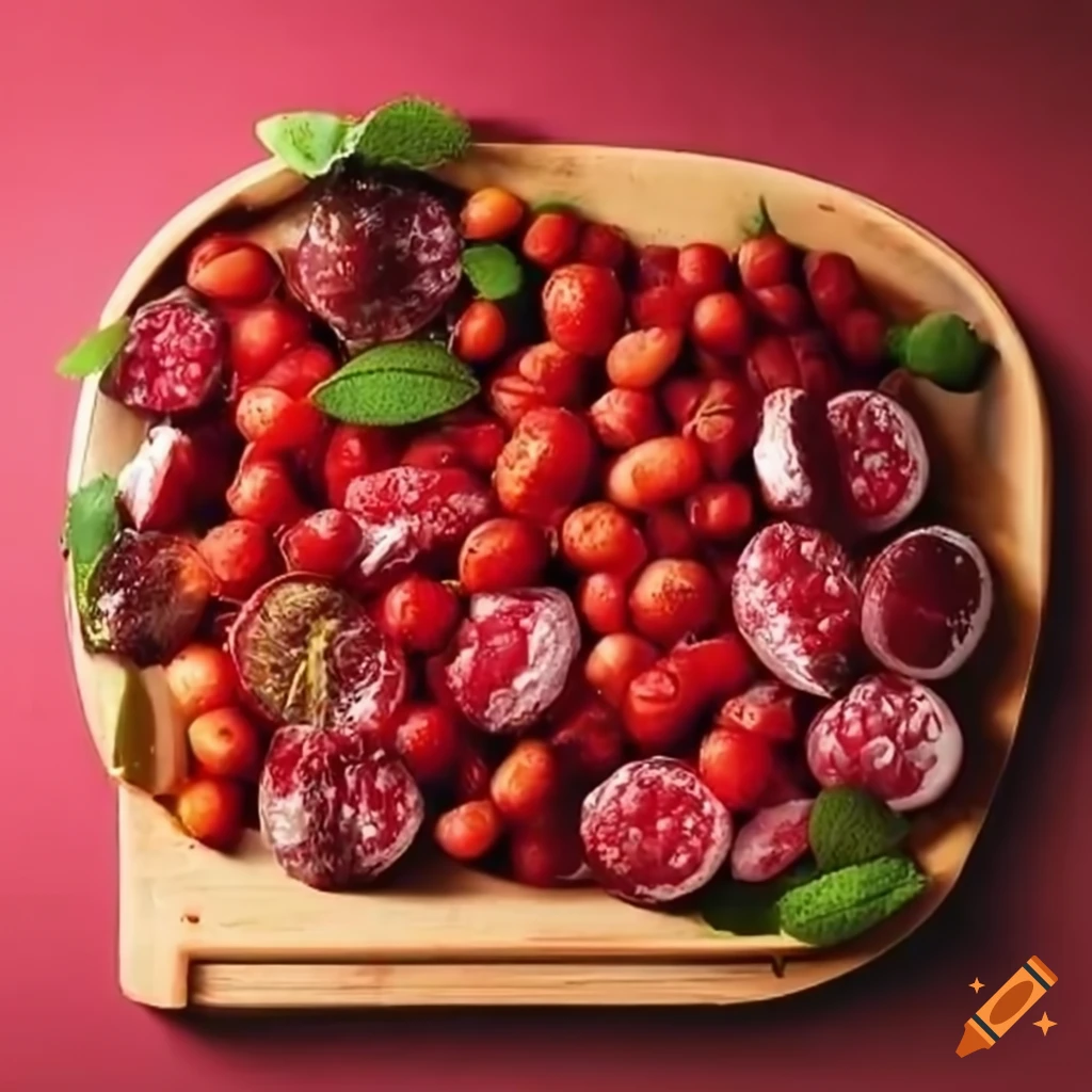 Plate of red fruits with sausages on Craiyon