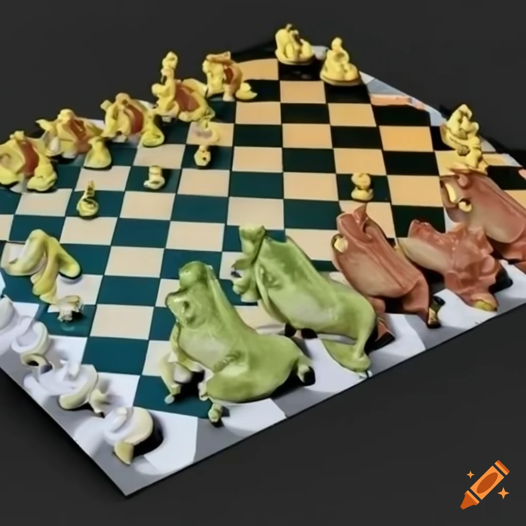 3D frog-themed chess board design on Craiyon