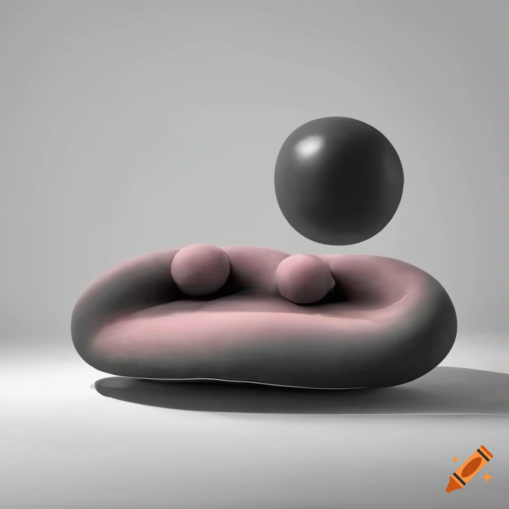 Surrealist sofa with floating spheres and black tubes on Craiyon