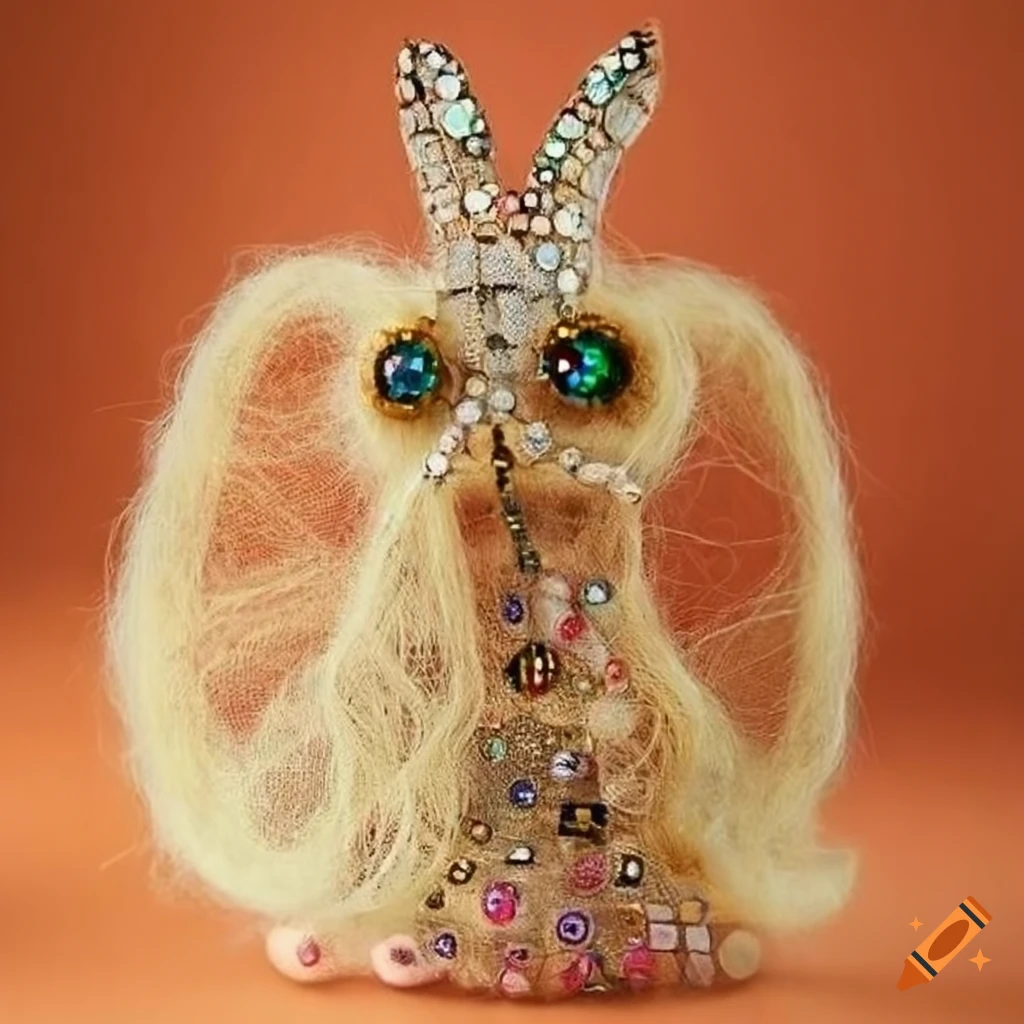 Whimsical moth sculpture with fine mohair wool and rhinestones on Craiyon