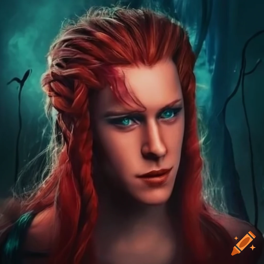 Portrait of norse loki with long red braided hair on Craiyon