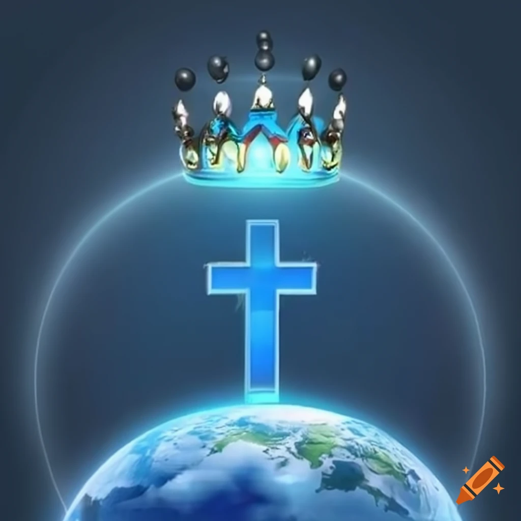 Symbolic image of a glowing crown and cross over the world