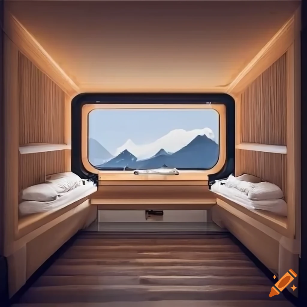 Capsule hotel room with wooden walls and a mountain view on Craiyon