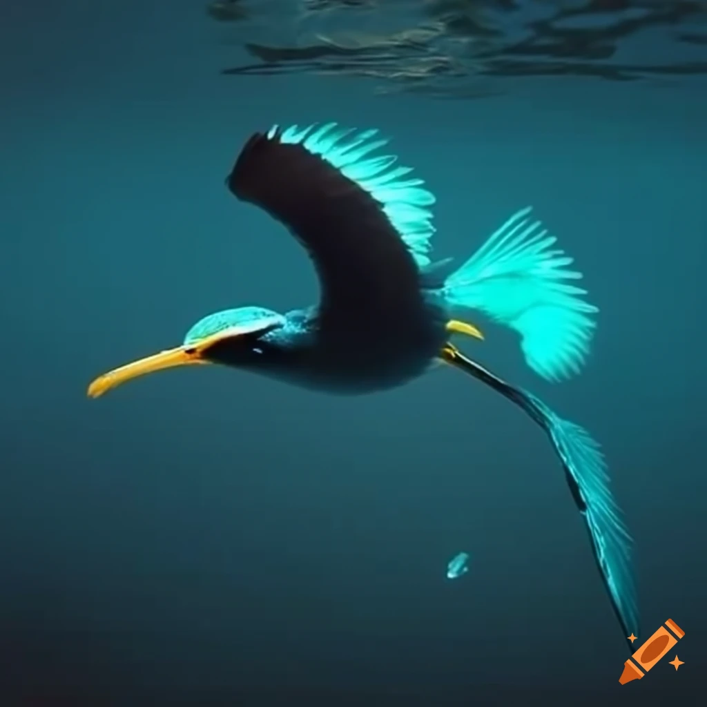 Image of a glowing bird with wings flapping underwater on Craiyon