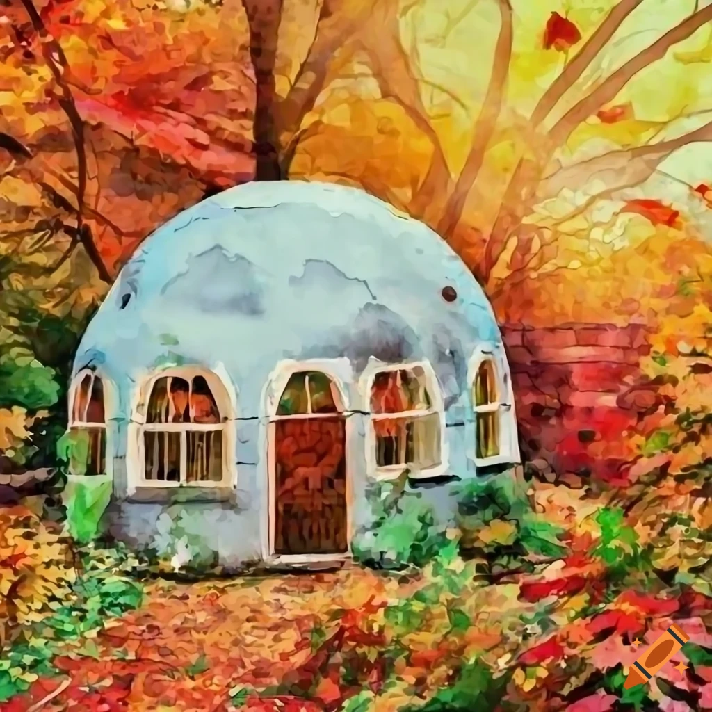 Charming mini dome home surrounded by autumn foliage on Craiyon