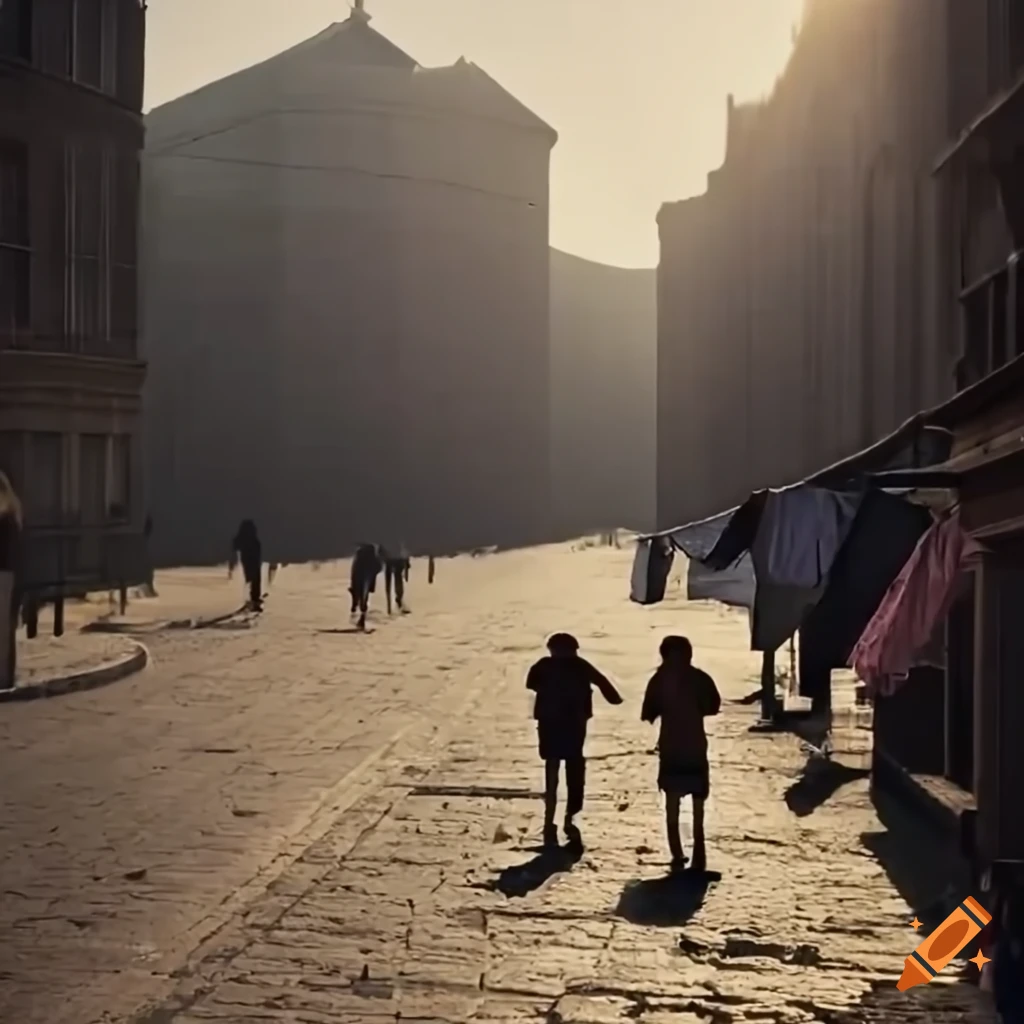 Sunlit street with people and hanging laundry