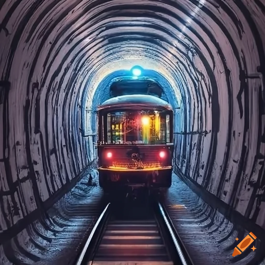 Photograph of a train coming towards you in a tunnel on Craiyon