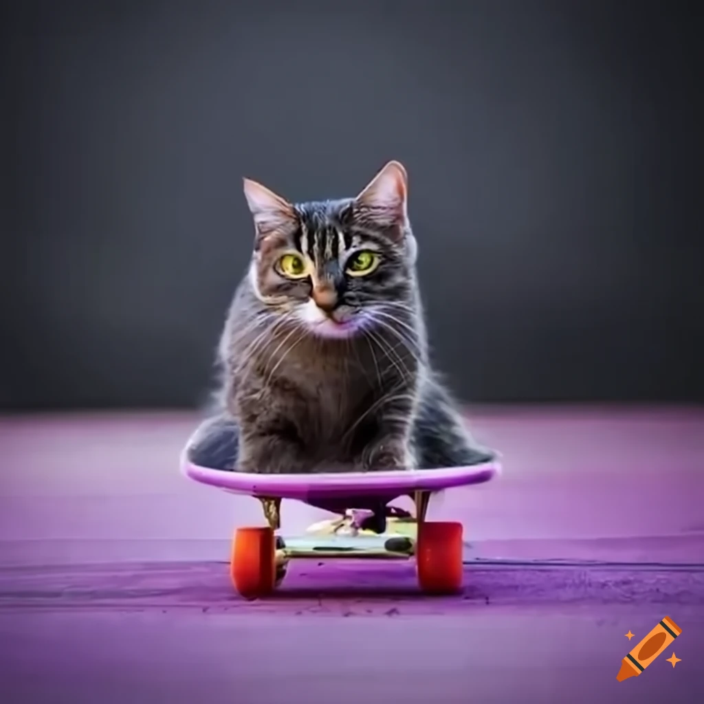 Cat skateboarding with a cup on the board