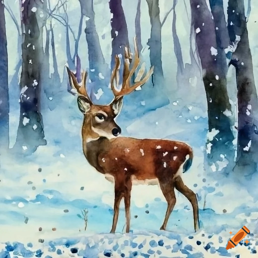 Watercolor painting of a female deer in the snow on Craiyon