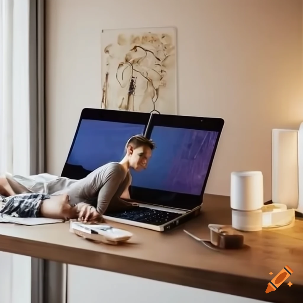 Smart home enthusiast working remotely in a futuristic setting on Craiyon