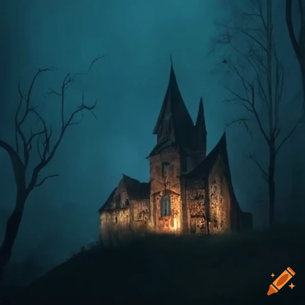 Mysterious medieval manor on a hill at night