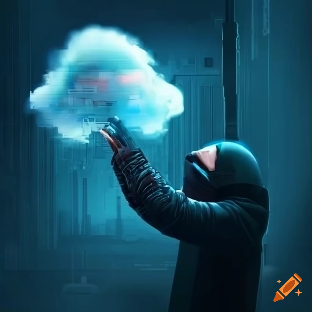 Futuristic hacker stealing from a cloud artwork