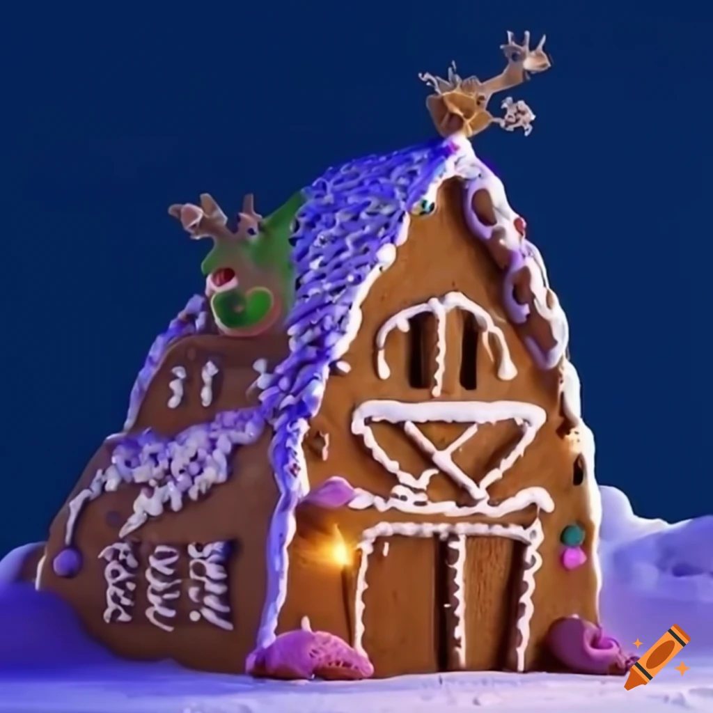 Gingerbread barn with reindeer and Santa Claus on Craiyon