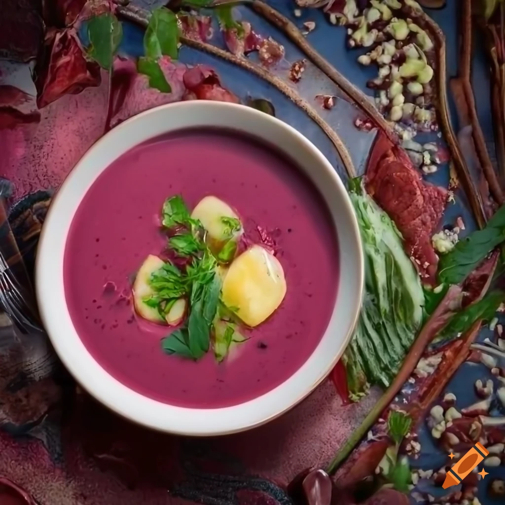 Bowl of creamy beetroot and potato soup with garnish on wooden table on ...