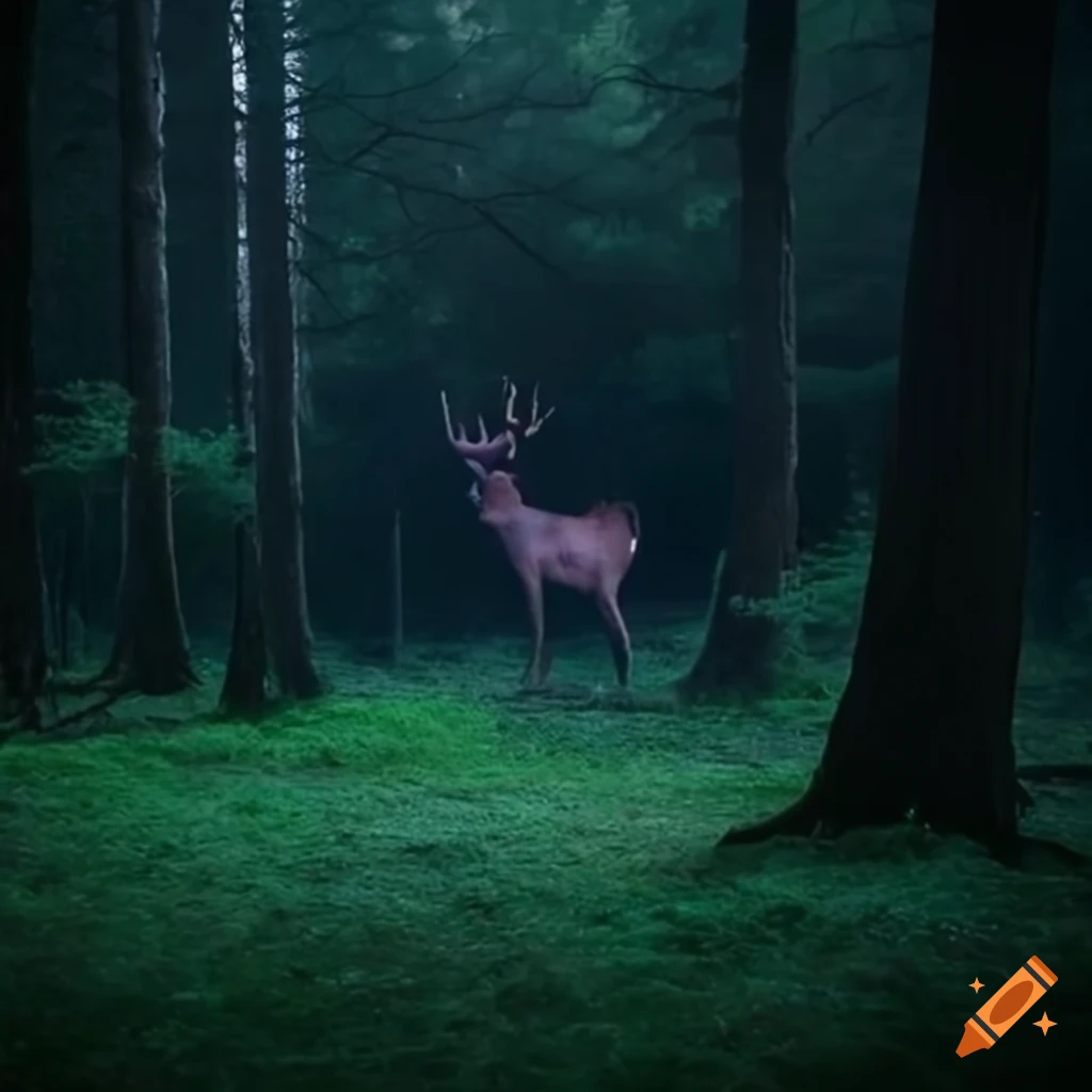 Mystical forest at night with deer and elk