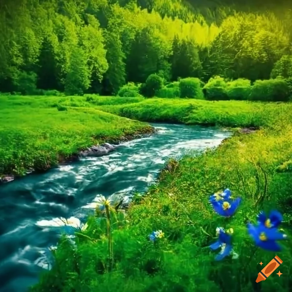 River flowing through a wild flower field on Craiyon
