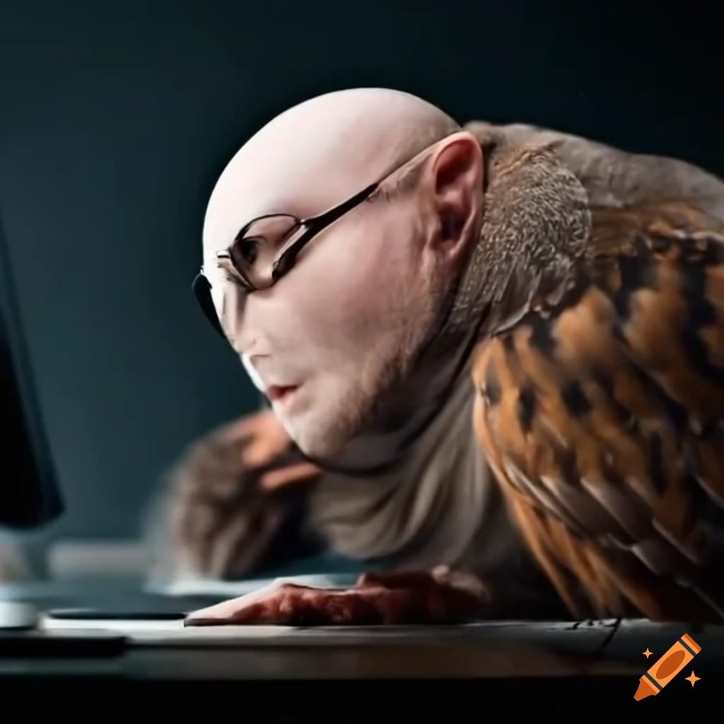 Illustration of an owl-man sleeping at his desk