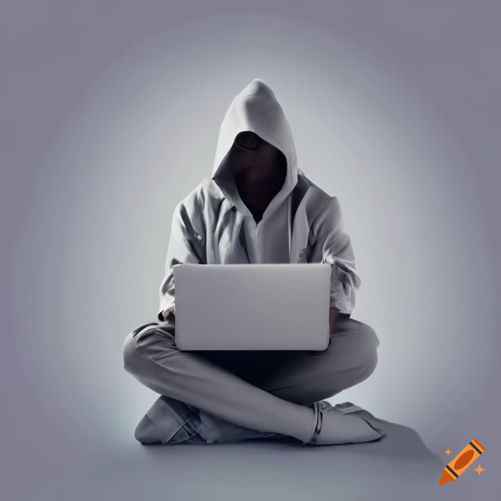 Mysterious man in a white suit using a laptop