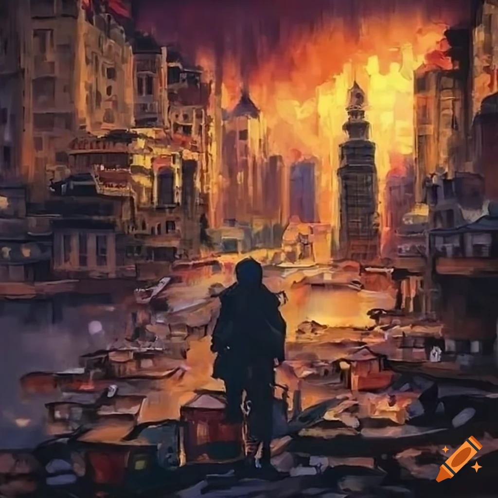 Detailed painting of a war scene in a city