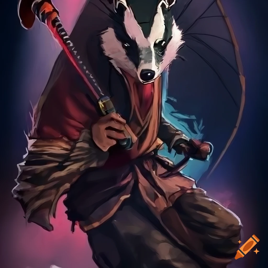 Digital painting of a fierce badger in a suit and with katana on Craiyon