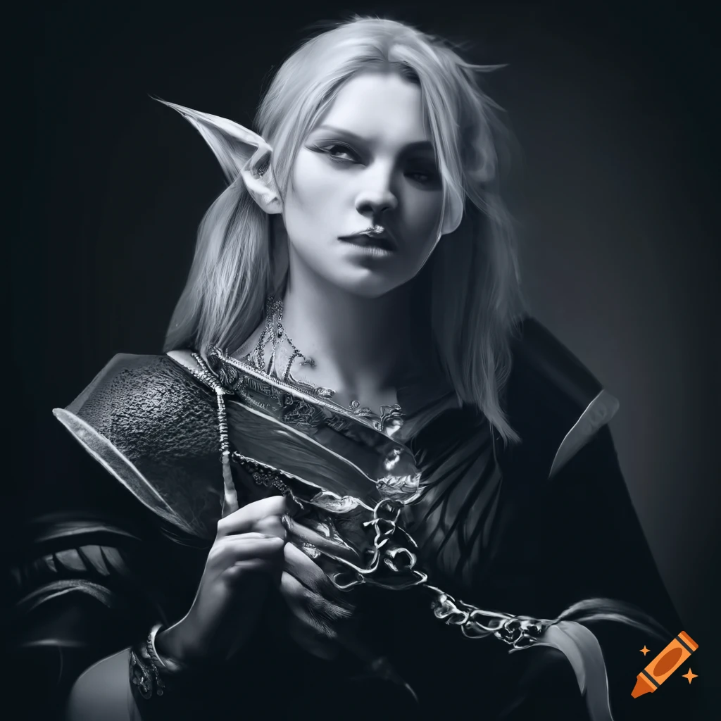 Monochrome picture of a snow-haired shadow elf with a quill on Craiyon