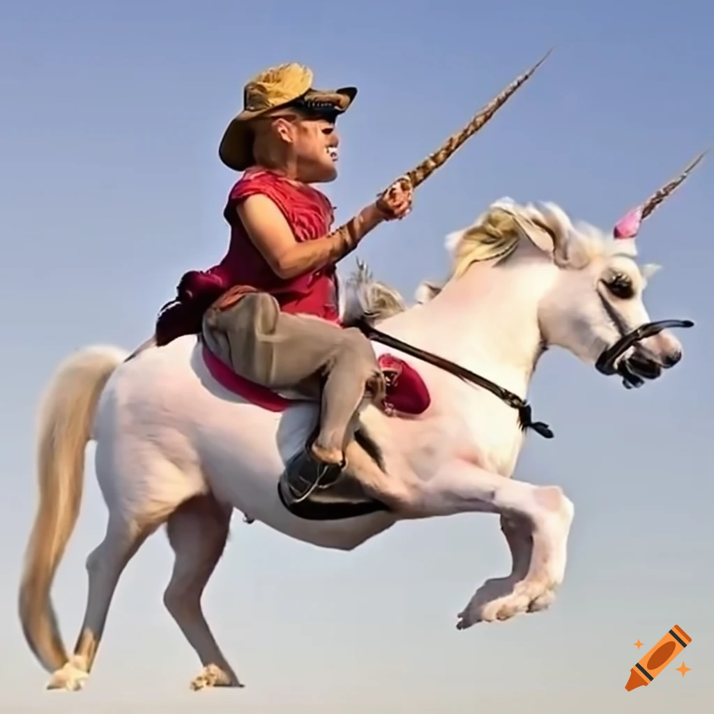 Dog riding a unicorn and saluting on Craiyon