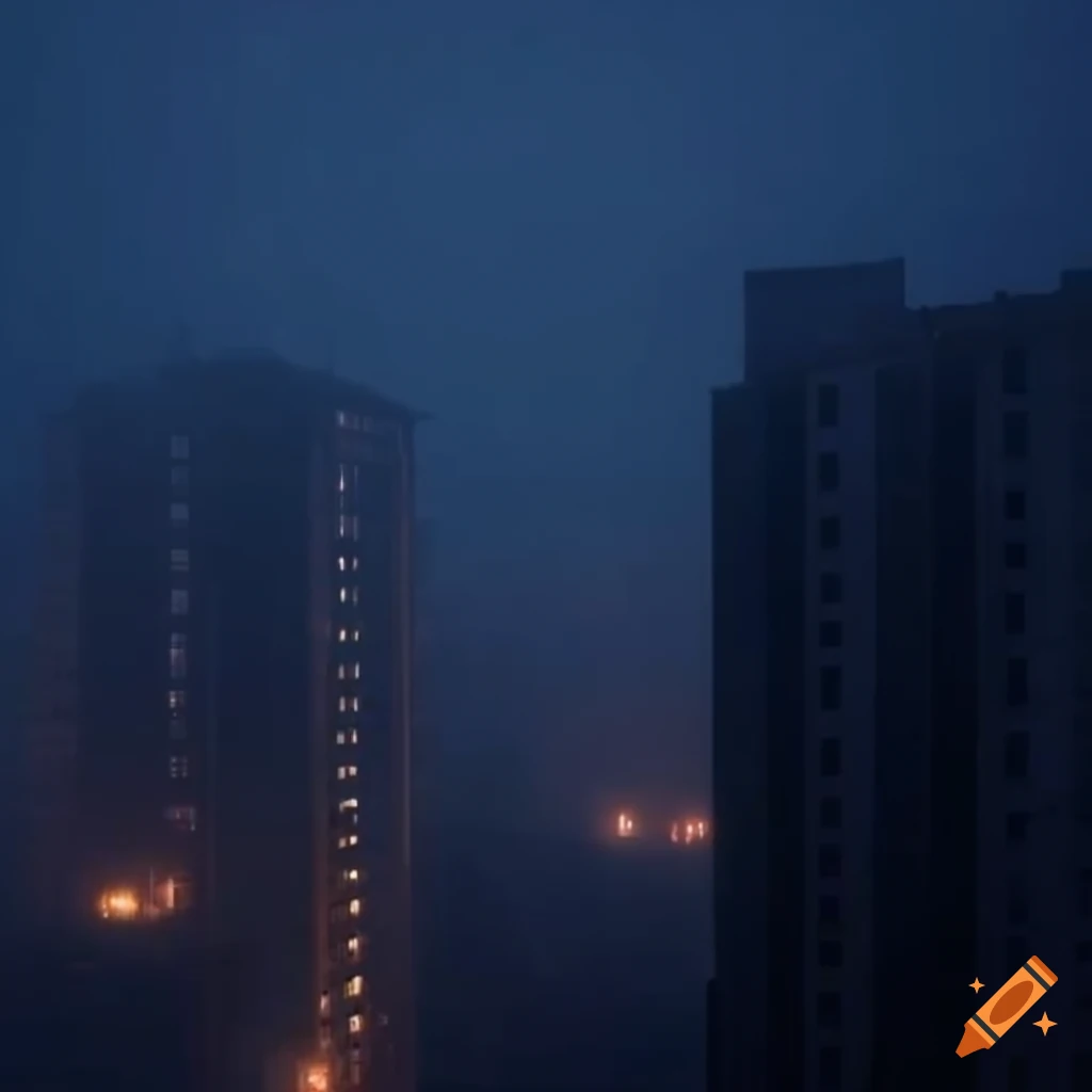 Night view of a city with buildings and fog
