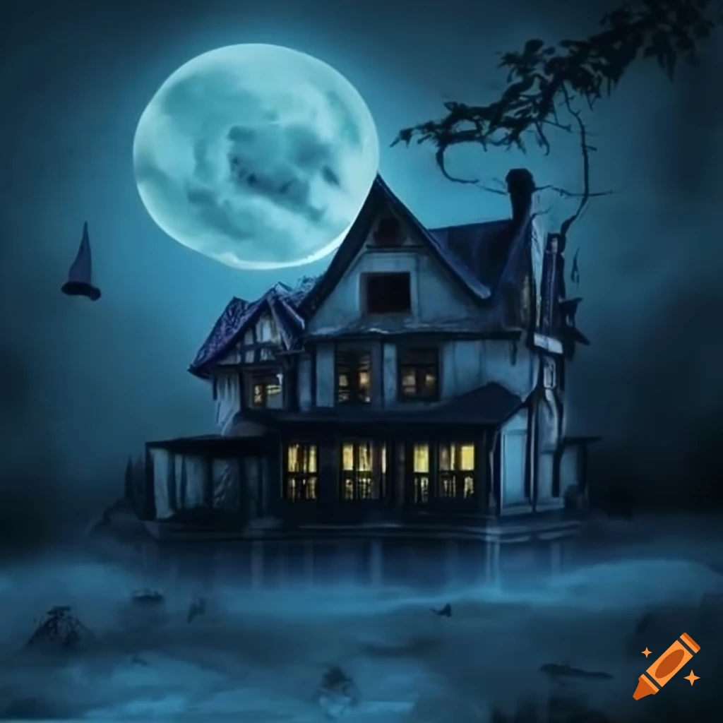 Haunted house against a dark blue night sky on Craiyon