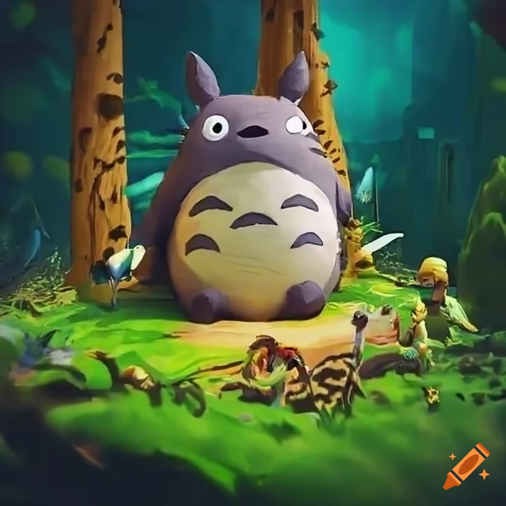 Artistic mashup of totoro, garfield, and zelda characters on Craiyon