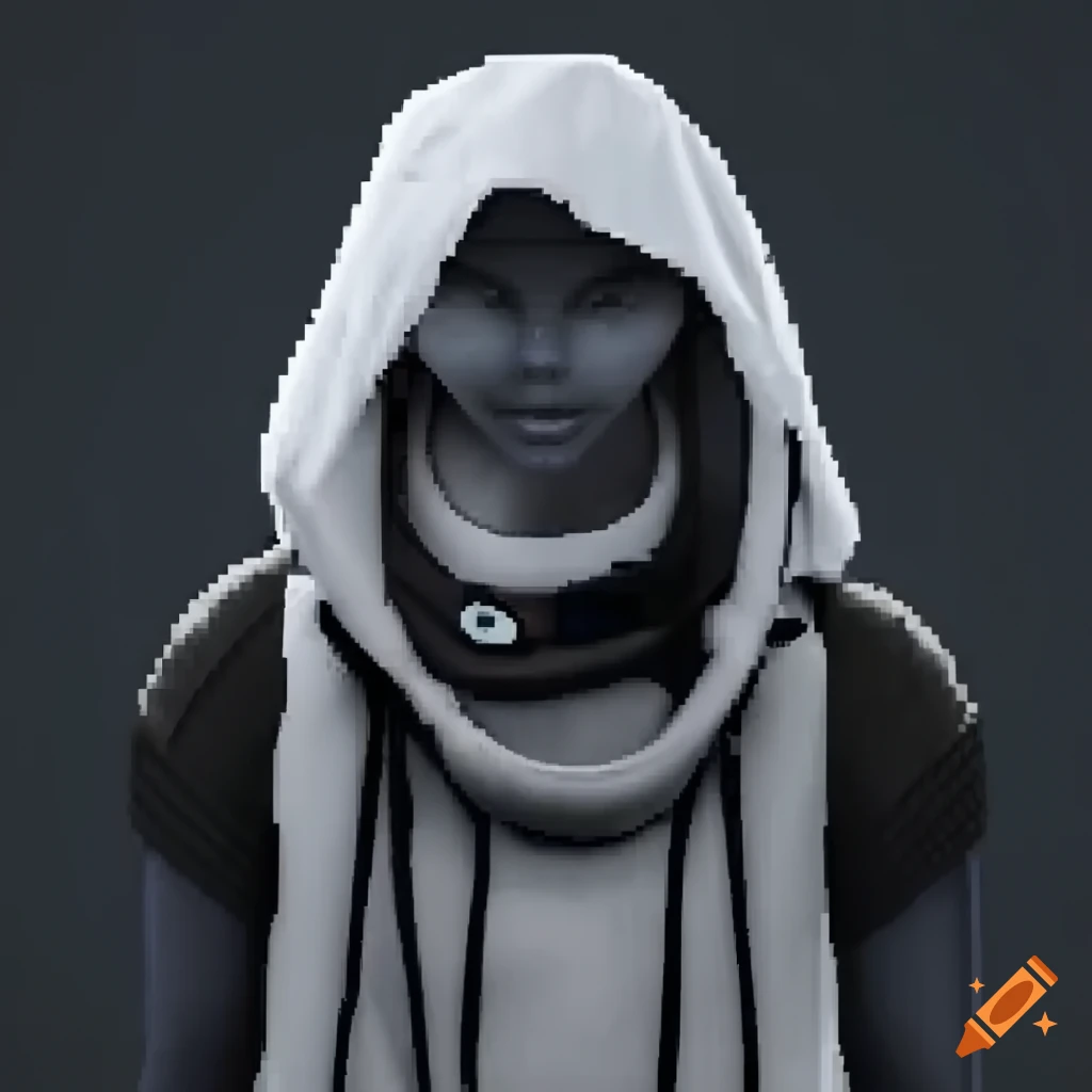 Pixel art character with a white hood