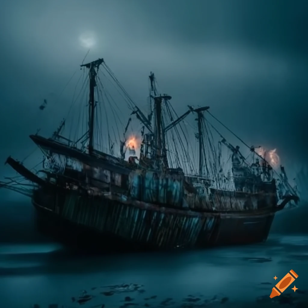 Image of a rusty container ship in a post-apocalyptic setting on Craiyon