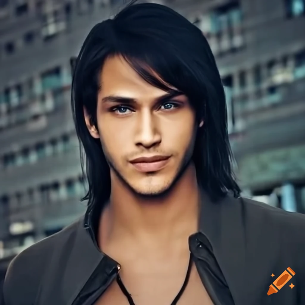 Portrait of a biracial french man with blue eyes and long black hair