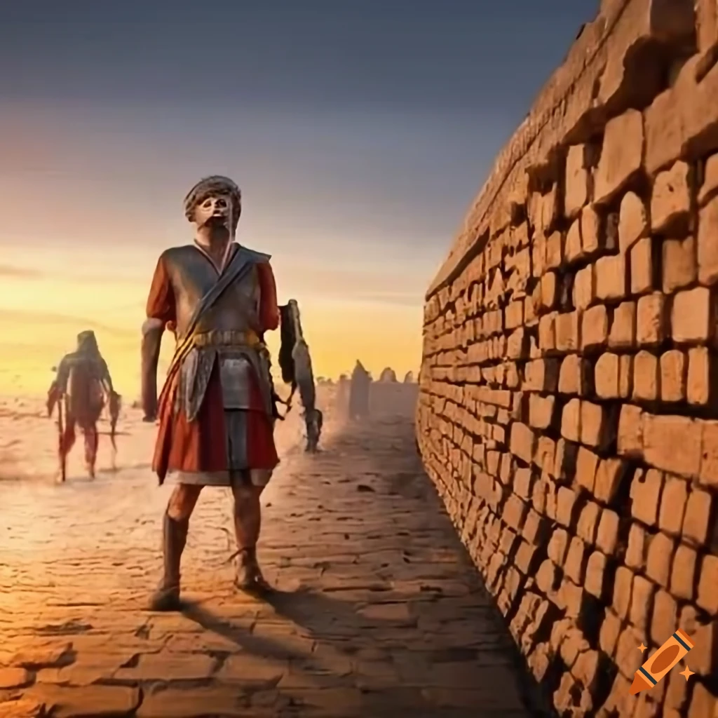 Depiction of Emperor Hadrian pointing to Hadrian's Wall being built on ...