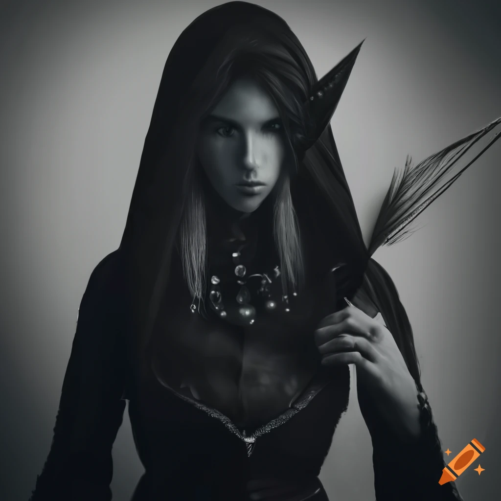 Monochrome portrait of a snow-haired shadow elf on Craiyon