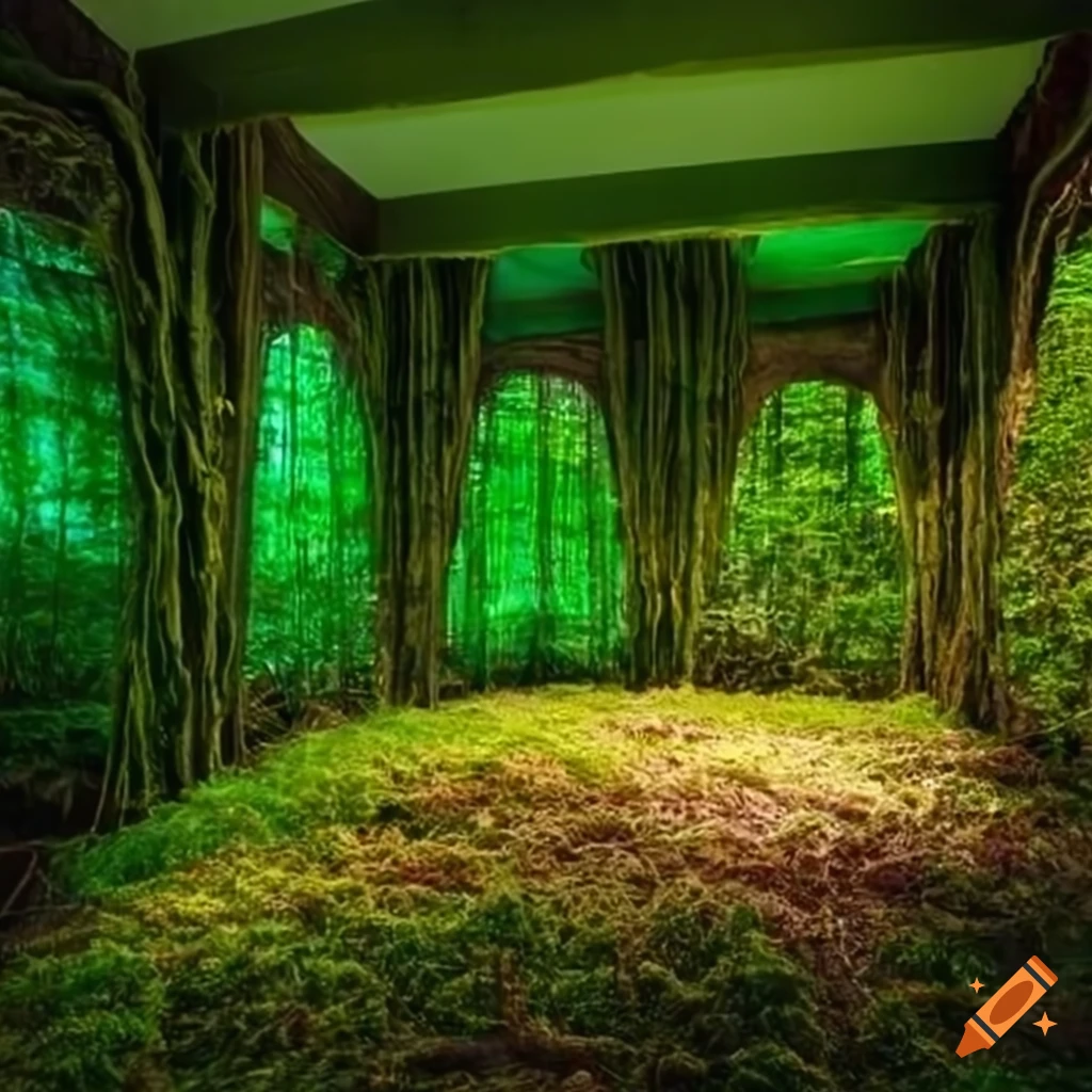 Room covered with green moss on Craiyon