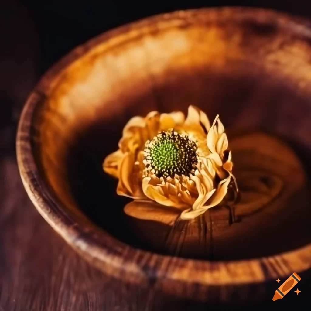Close-up of opium flower in a wooden bowl on Craiyon