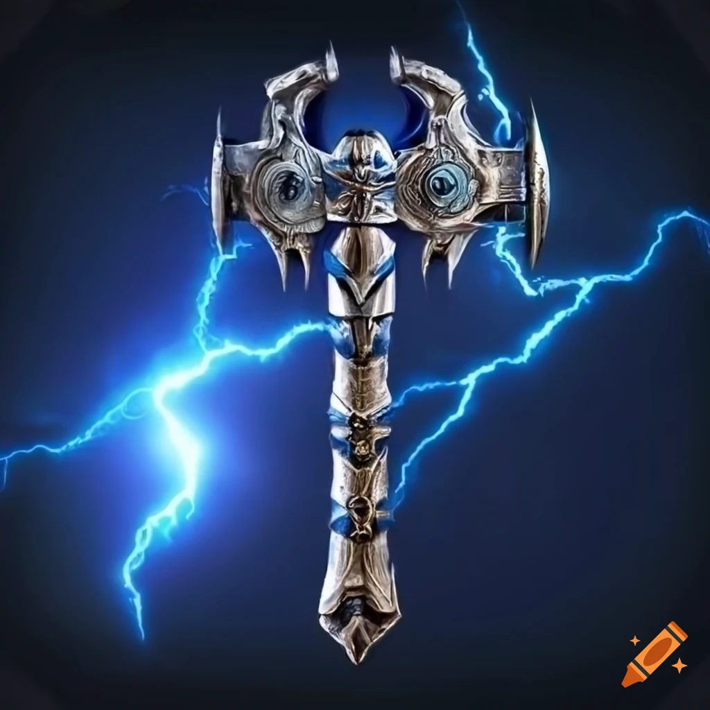 Image of a silver war hammer with lightning on stormy background on Craiyon