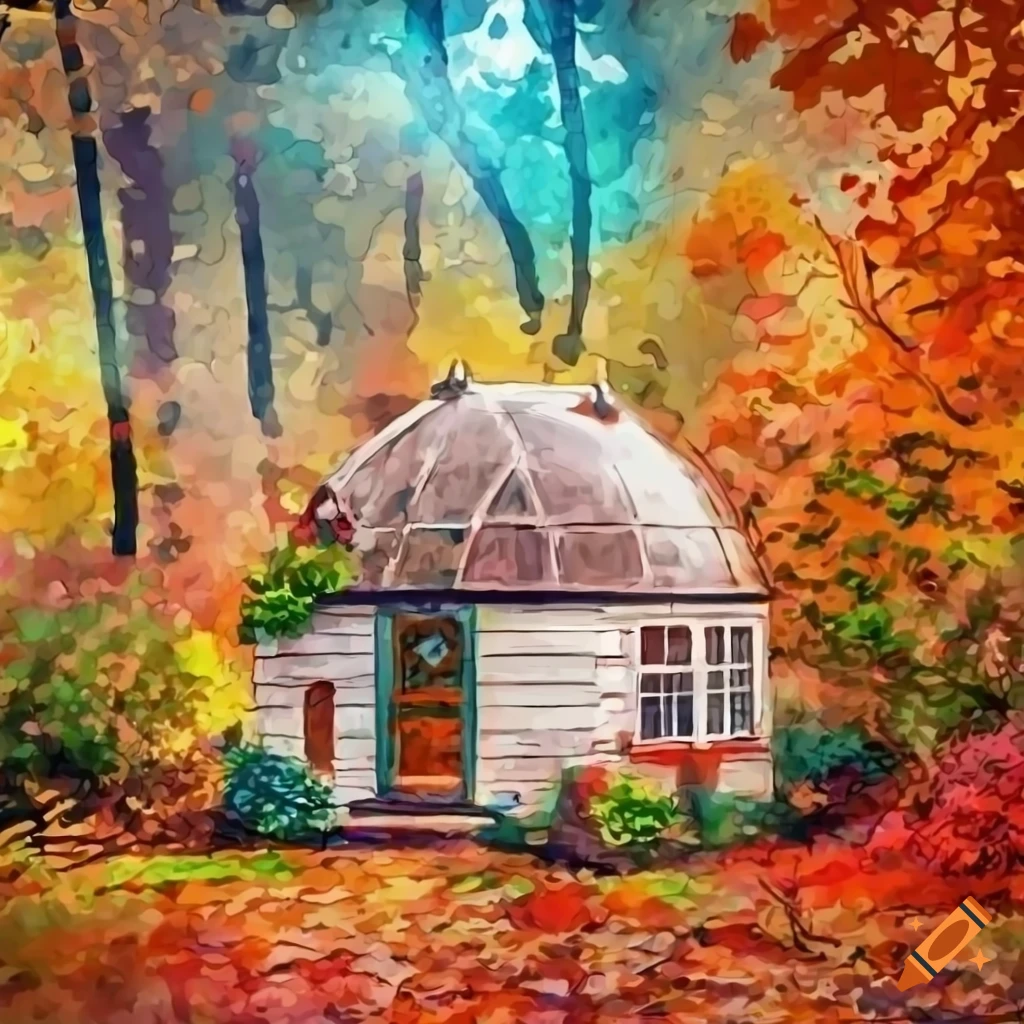 Charming mini dome home surrounded by autumn foliage on Craiyon
