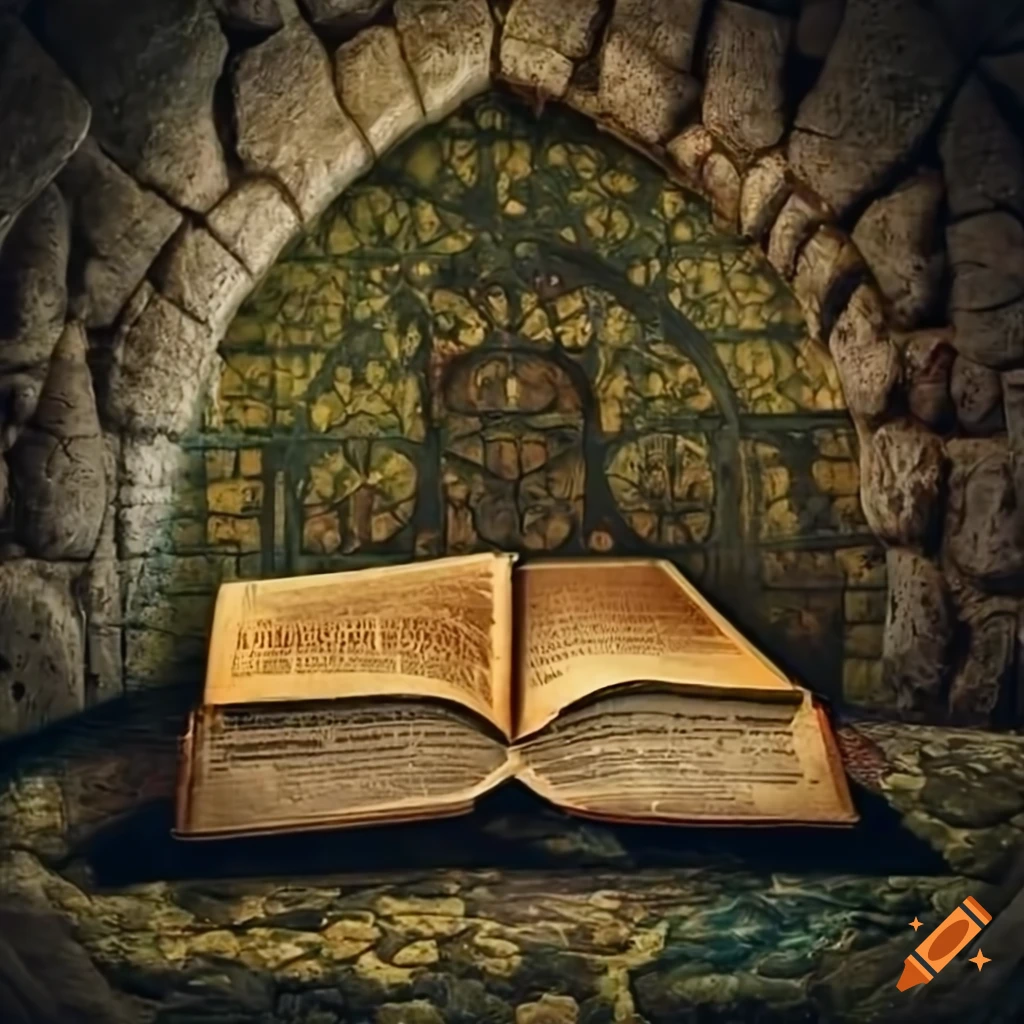 Dramatic photo of an old book of magic in a medieval cellar on Craiyon