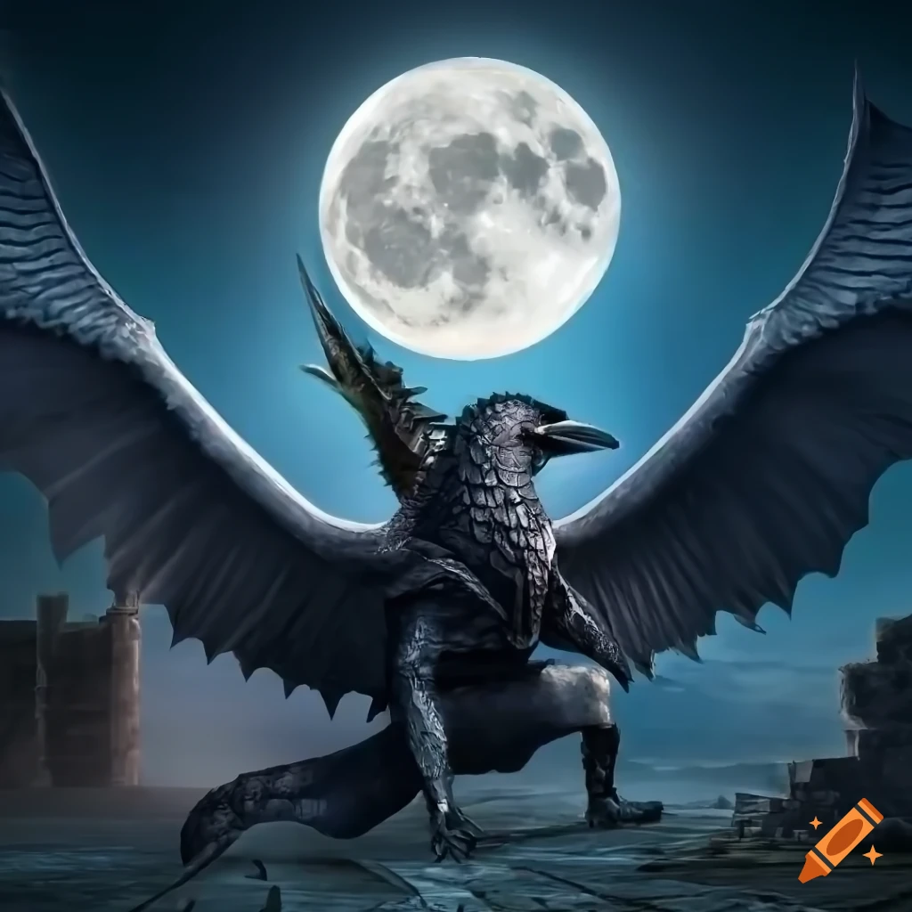 Epic scene of a raven slaying a dragon in ruins on Craiyon