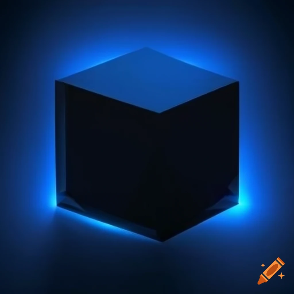 Black futurist cube with blue light on white background