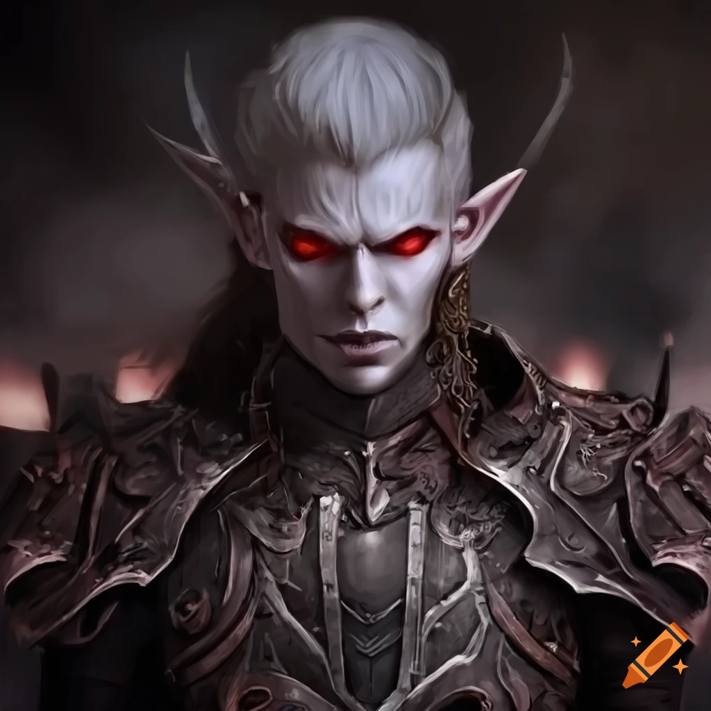 Dark elf character with red eyes and leather armor on Craiyon