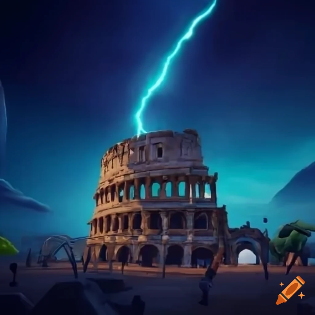 Coliseum gun battle during a storm in fortinite style