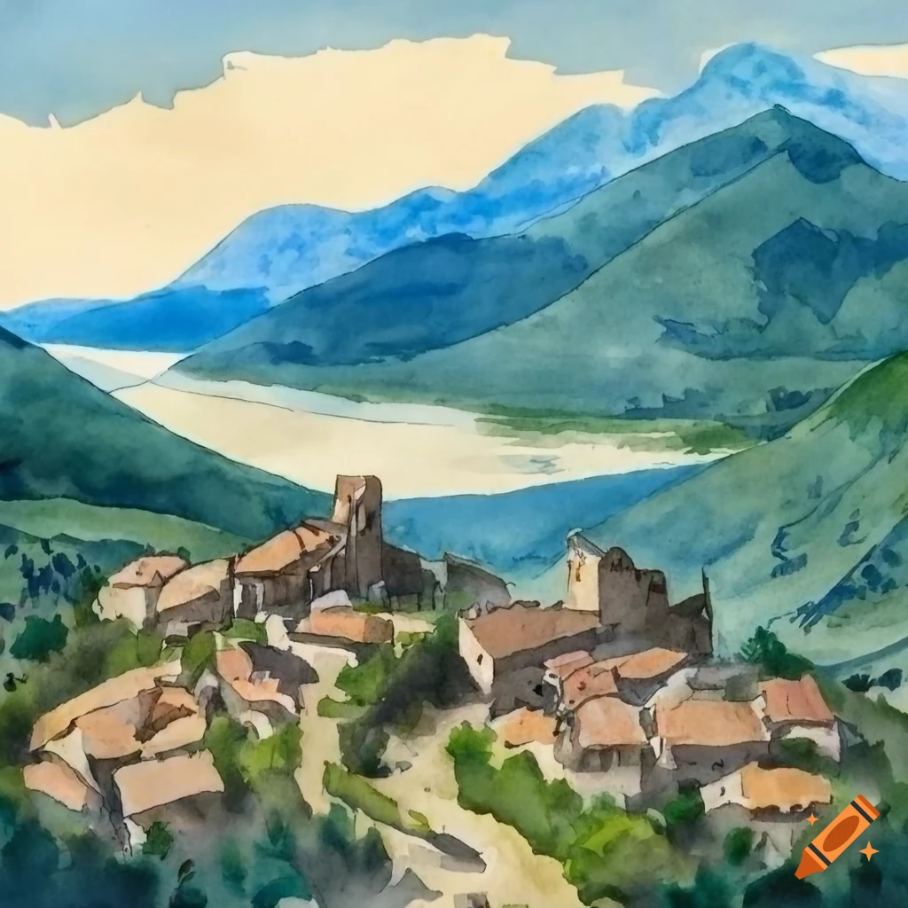 Watercolor illustration of a medieval village on a mountain on Craiyon